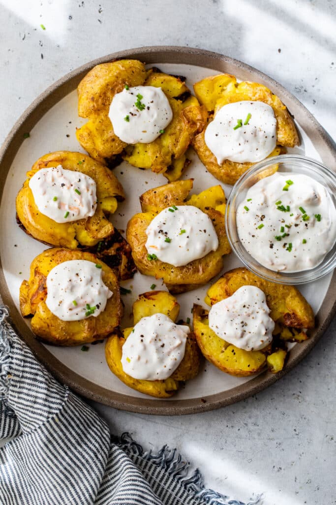Crispy Smashed Potatoes with Sour Cream - The Almond Eater
