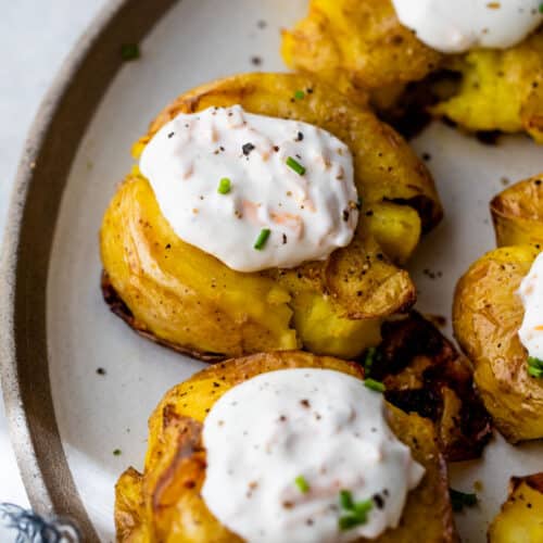 Crispy Smashed Potatoes with Sour Cream - The Almond Eater